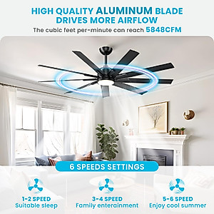 CJOY 62 inch Aluminium Ceiling Fan with Lights, Outdoor Black Ceiling Fan Light with Remote Control, 9 Blades Reversible DC, Dimmable LED Light Fan for Bedroom