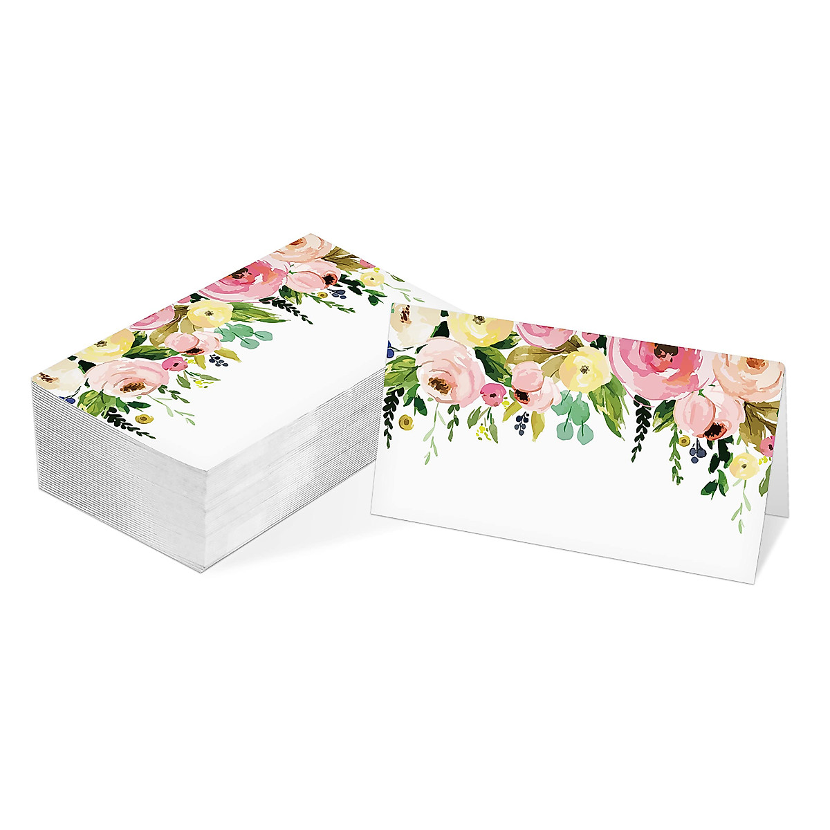 Table Place Card, Watercolor Floral Themed Tent Style Cards, Pack of 25 Half-Fold Reception Place Cards, Perfect for Wedding, Bridal & Baby Shower, Party, Birthday, Banquet and Special Events A39