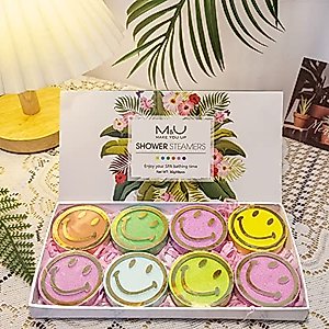 Shower Steamers Aromatherapy - 8 Pcs Smile Face Scented Bath Bomb Steamer Tablets for Shower with Pure Essential Oils, Women Stress Relief Spa Gift for Birthday, Christmas and Valentine's Day