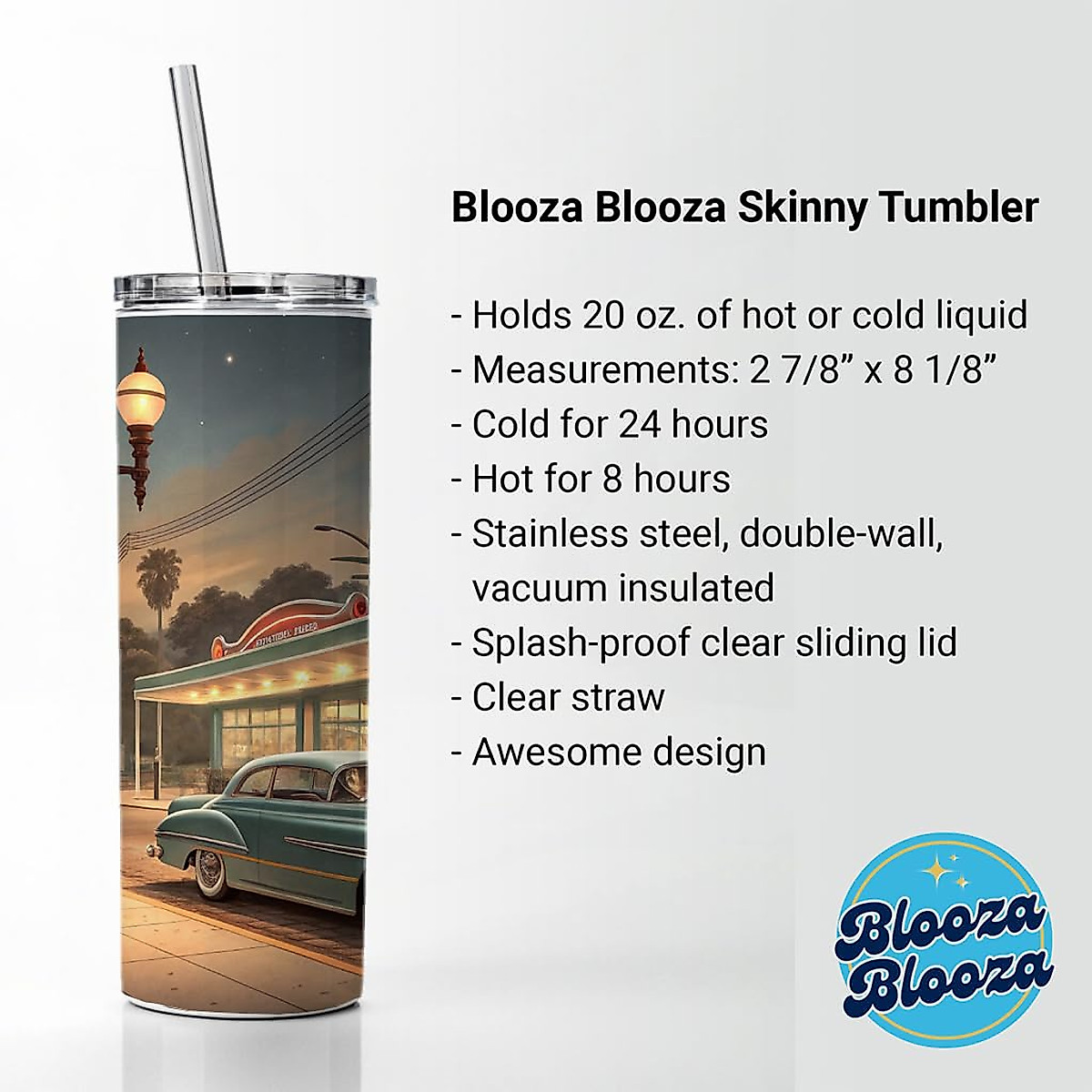 Retro Americana1950's Main Street Diner Skinny Tumbler 20oz with Straw Insulated Water Bottle Gift