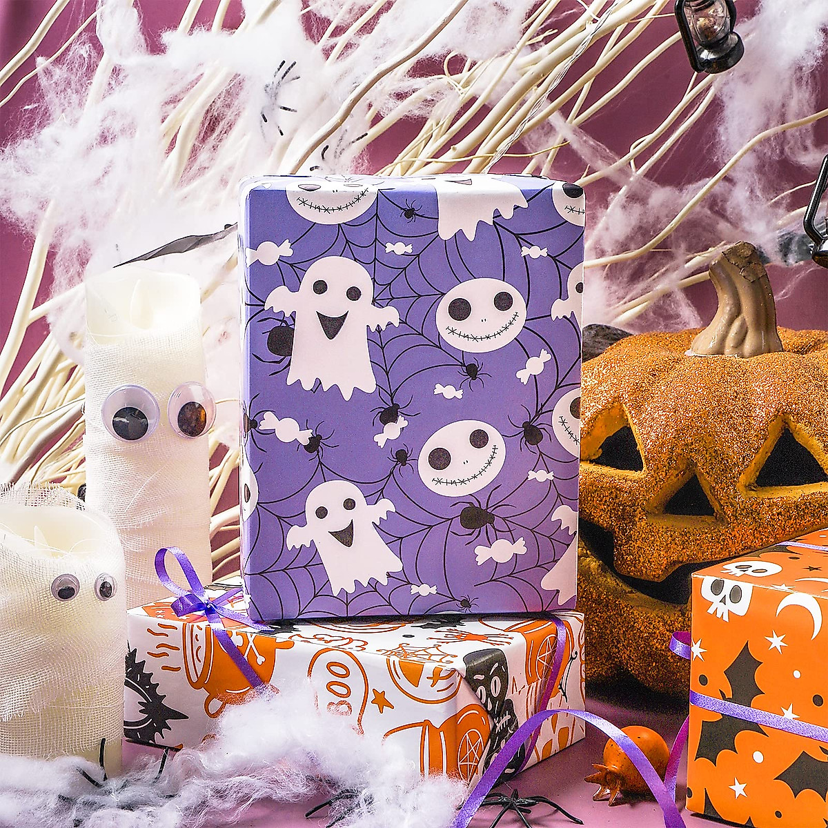 LeZakaa Halloween Wrapping Paper Sheet - 12 Sheet with 4 Different Design - Skull/Ghost/Pumpkin/Bat Pattern for Men, Women, Kids, Boys, Girls - 27.5 x 19.6 inches Per Sheet