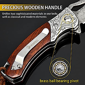 NedFoss Damascus Pocket Knife for Men, Handmade Forged VG10 Damascus Steel Blade Folding Knife with Retro Leather Sheath, Wood Handle, Pocket Clip, Liner Lock, Excellent Gifts for Men (Pattern Bloster)