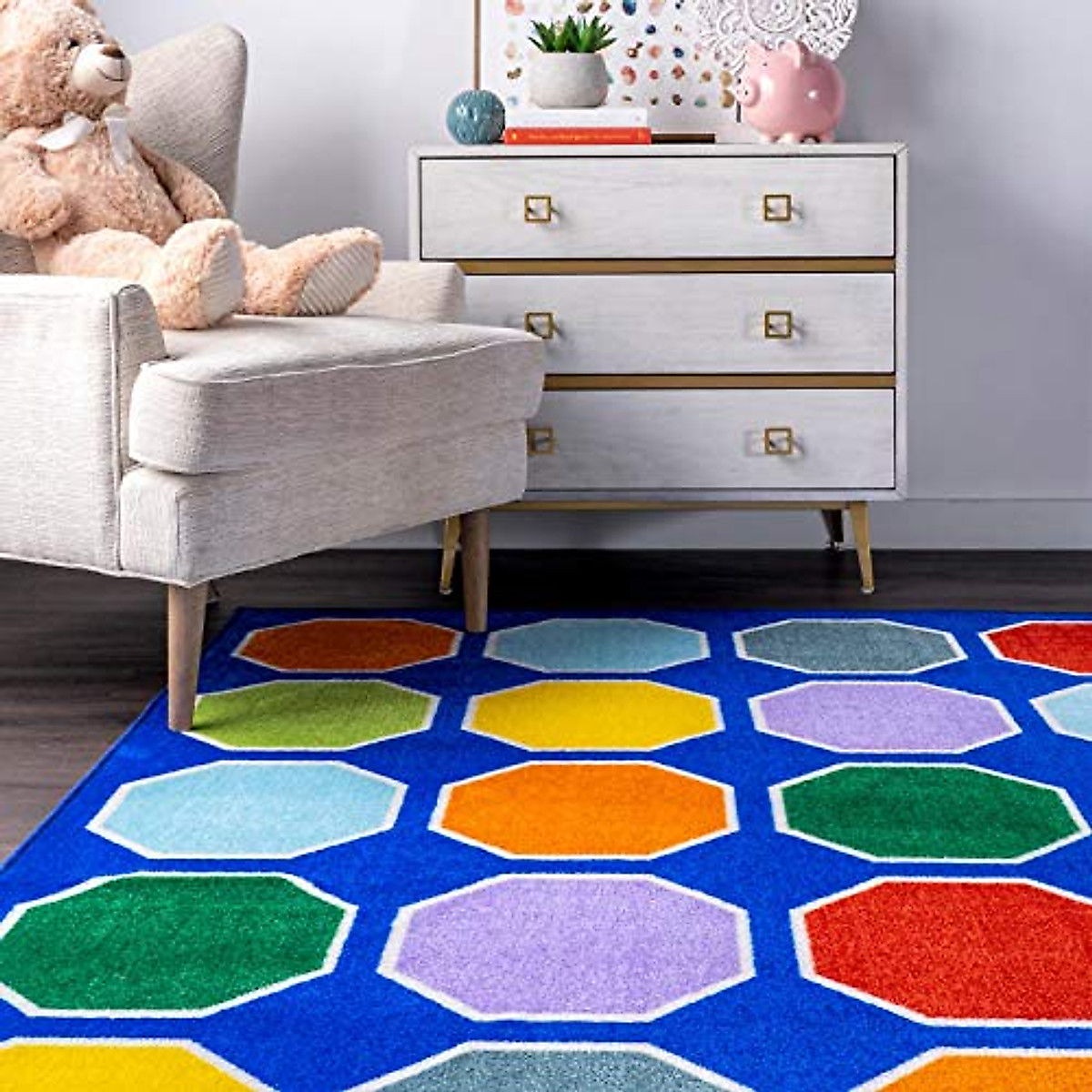 nuLOOM Kecia Octagons Printed Kids Area Rug, 5 ft x 7 ft 5 in, Blue