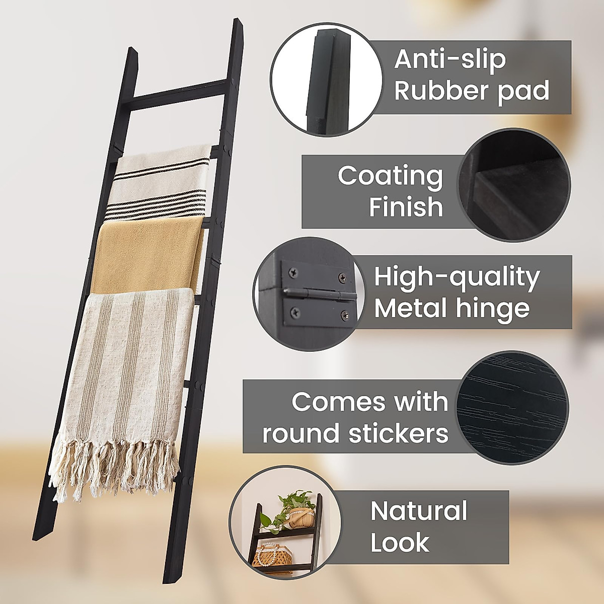 HYBDAMAI Blanket Ladder, 6-Tier Wooden Quilt Stand, Decorative Ladder Shelf, Leaning Shelf, Wall Leaning Blanket Ladder Towel Storage Rack for Living Room (Black)