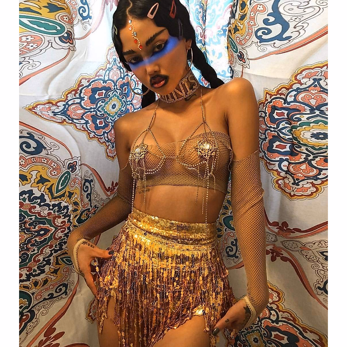 Yollmart Women's Sequins Tassel Skirts Shorts Booty Dance Festival Bottoms (US, Alpha, X-Large, Regular, Regular, Gold)