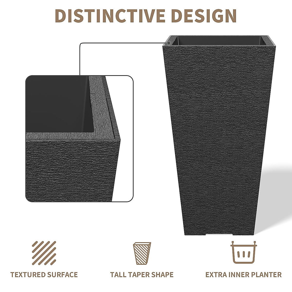 Kante 22 Inch Tall Planter Set of 2, Large Taper Planter for Outdoor Indoor Garden Patio Front Door (Black)