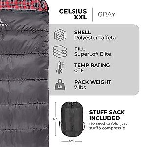 TETON Sports Celsius XXL 0 Degree Sleeping Bag with Compression Sack, Left Zipper, and SuperLoft Elite Material for Camping and Base Camp, Gray