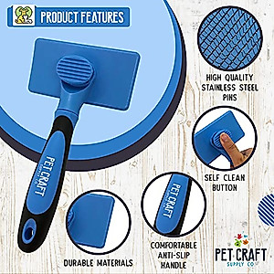 Pet Craft Supply Self Cleaning Grooming Slicker Pet Brush for Cats and Dogs Short Long Haired Fur Small Medium Large Metal Pin Bristle Comb Undercoat DeShedding DeMatting Detangler Puppy Kitten Blue