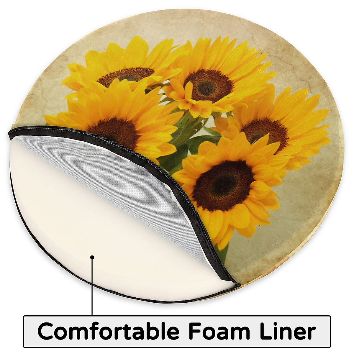 Floral Round Seat Cushion, Retro Sunflower Leaf Chair Cushions Soft Memory Foam Chair Pad Reversible Washable Seat Chair Pad with Zipper for Office Kitchen Dining Room Chair