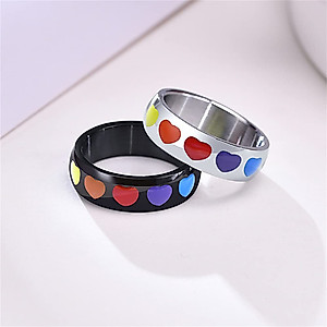 Dainty Love Heart Rainbow Enameled LGBT Pride Band Rings Chuky Thick Stainless Steel Statement Promise Engagement Eternity Couple Rings Love is Love Finger Knuckle Rings Boyfriend Girlfriend Wedding