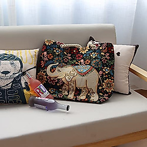 HODAKJUE Canvas Tote Bag for Women Girls, Floral Elephant Pattern Grocery Bag Shopping Bag With Inner Pocket For Travel Work Beach