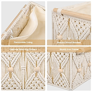 LaMorée Large Boho Macrame Storage Baskets 3 PCS Cotton Rope Hand Woven Bin Set with Natural Wooden Handles & Beads Decorative Wicker Boxes for Tabletop Book Shelf Bathroom Organizer Container