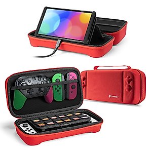 tomtoc Carrying Case for Nintendo SwitchOLED Model, Large Travel Switch Case with Pocket for Pro Controller, Joycon Grip or AC Adapter, Protective Portable Carry Case with 24 Game Cartridges,