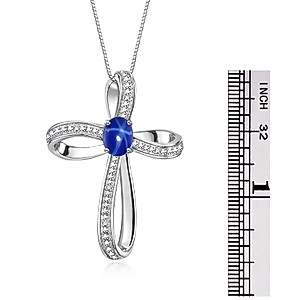 Rylos Necklace Sterling Silver Cross Necklace Gemstone & Diamonds Pendant With 18" Chain 8X6MM Blue Star Sapphire September Birthstone Womens Jewelry Silver Necklace