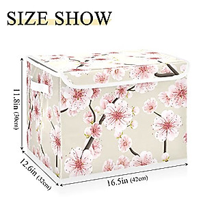 Kigai Pink Spring Cherry Blossoms Storage Bin, Storage Baskets with Lids Large Organizer Collapsible Storage Bins Cube for Bedroom, Shelves, Closet, Home, Office 16.5 X 12.6 X 11.8 Inch