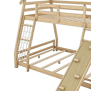 RORIGAT Twin Over Queen House Bunk Bed with Climbing Nets and Climbing Ramp, Wooden Low BunkBed Frame for Kids Boys Girls Bedroom,Natural