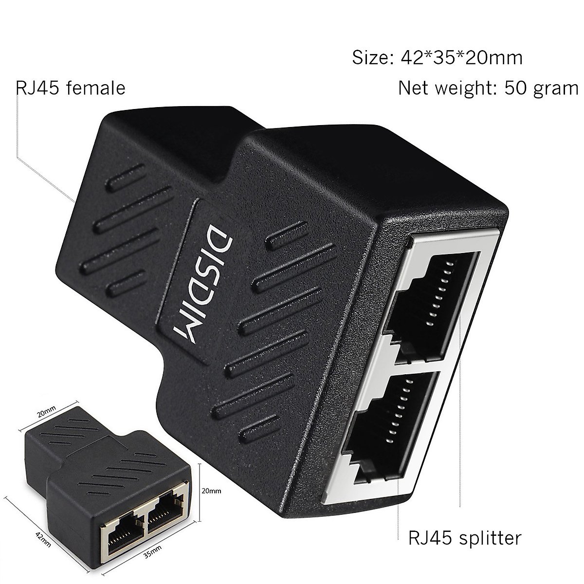 RJ45 Splitter, DISDIM RJ45 Adapter 1 to 2 Ethernet Splitter 8P8C Extender Plug LAN Connector with Shield [Anti-Signal Interference] Compatible with Cat 5/ Cat5e / Cat 6 / Cat7 Network Cable