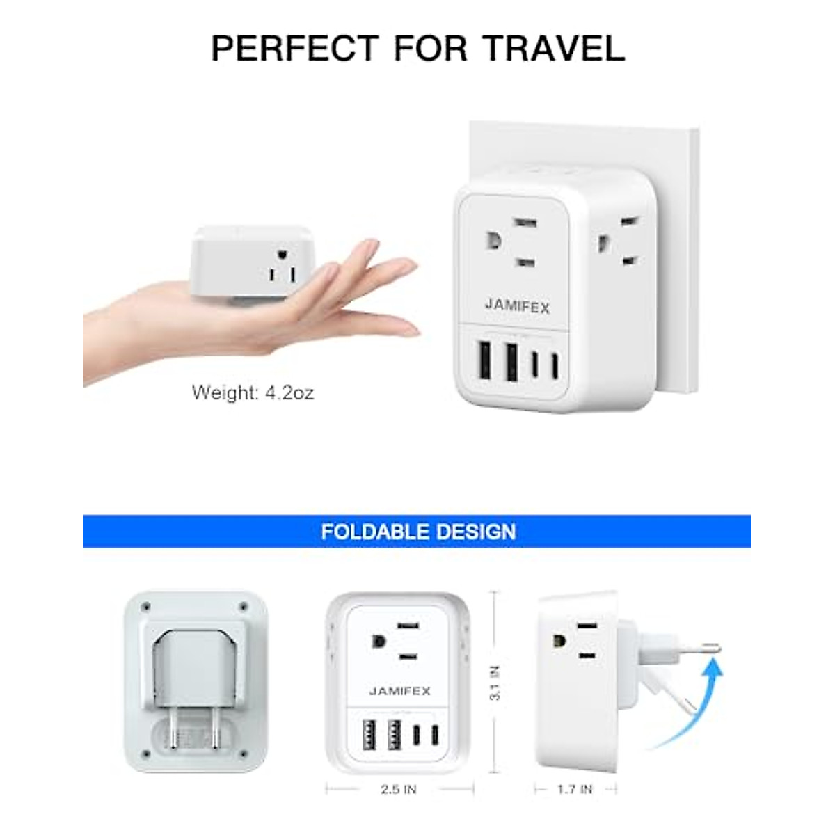 Foldable European Travel Plug Adapter, JAMIFEX International Power Plug Adaptor with 4 Outlets 4 USB(2 USB-C) Ports, Type C EU Adapter US to Most Europe Spain Italy France Germany
