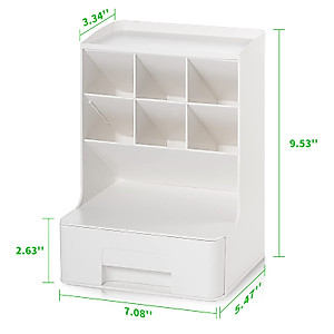 Marbrasse Desk Organizer with Drawer, Pen Organizer for Desk, Multi-Functional Pencil Holder, Desktop Stationary Organizer, Storage for School Home Office Art Supplies (White Pen Holder with Drawer)