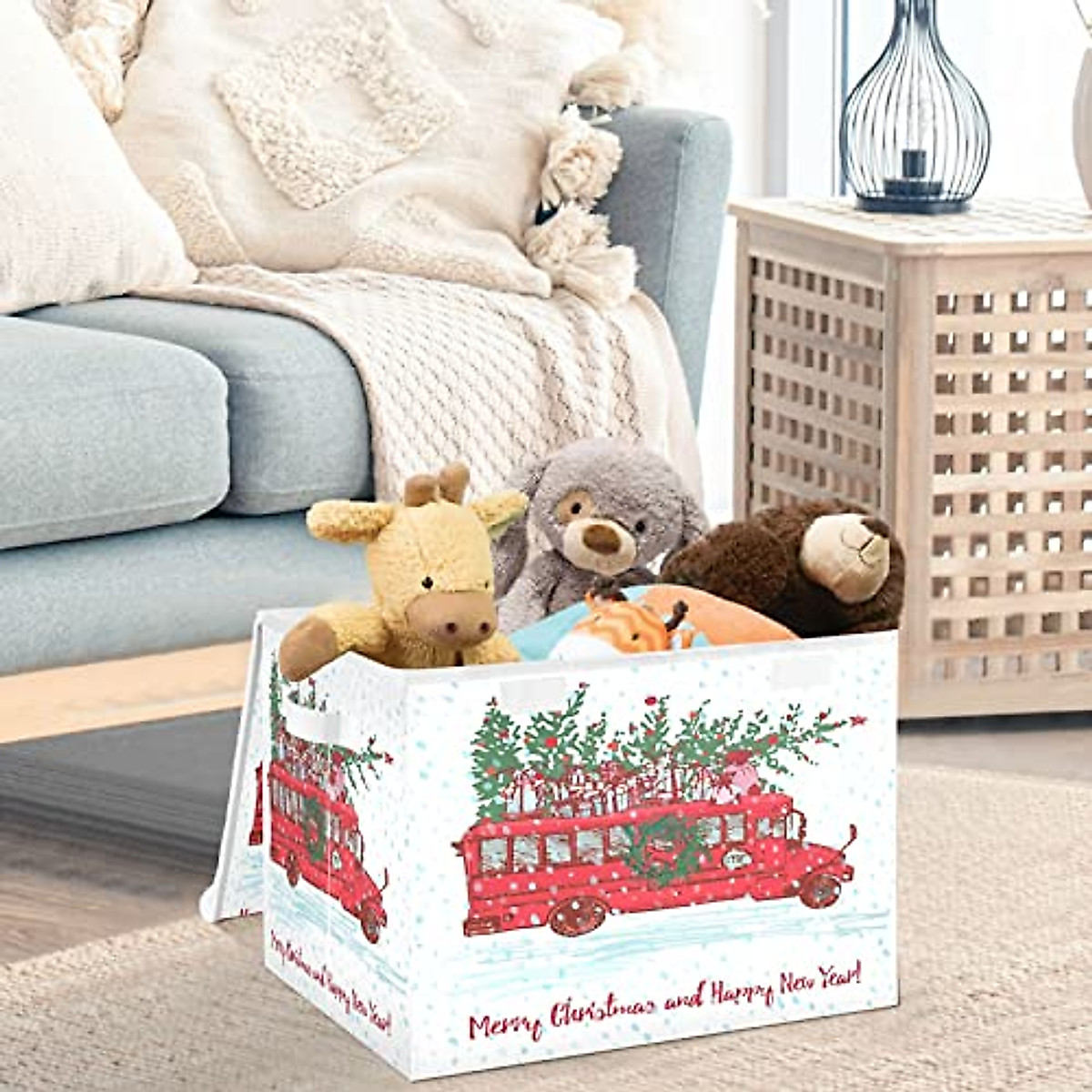 CaTaKu Christmas Red Bus Storage Bins with Lids and Handles, Fabric Large Storage Container Cube Basket with Lid Decorative Storage Boxes for Organizing Clothes
