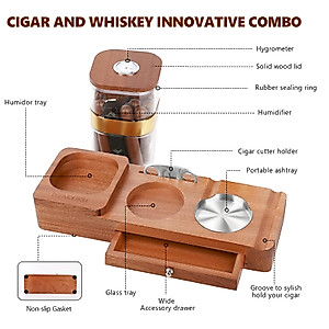 OTAKOKIT Cigar Humidor and Cigar Ashtray Set With Whiskey Coasters, Acrylic Cigar Jar, Humidifier, Drawer, Cigar Holder and Cigar Cutter, Cigar Accessories Decor, Personalized Cigar Gifts for Men