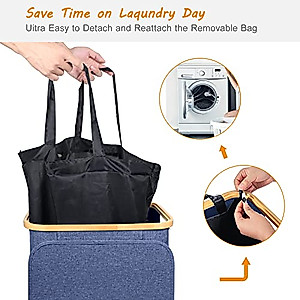 BRIAN & DANY Laundry Basket with Lid, Large Collapsible Laundry Baskets with Bamboo Handles, Laundry Hamper with Removable Bag Liner for Bathroom and Bedroom - Blue