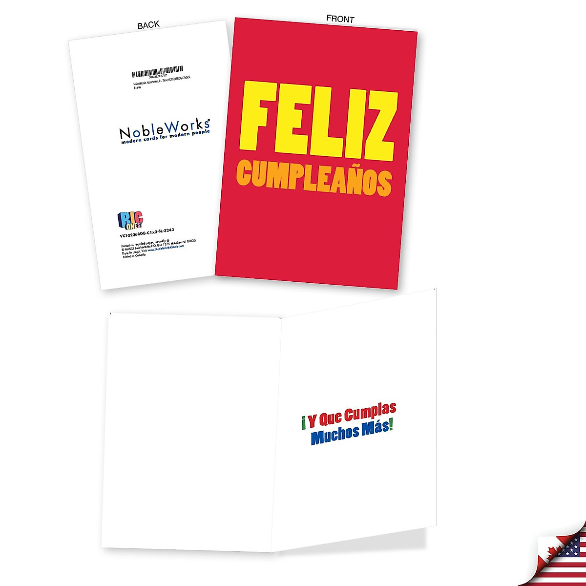 NobleWorks Assortment Pack of 3 Spanish Language Birthday Greeting Cards with Envelopes (3 Designs, 1 Each), Feliz Cumpleaños, Fiesta Time VC10236BDG-C1x3-SL