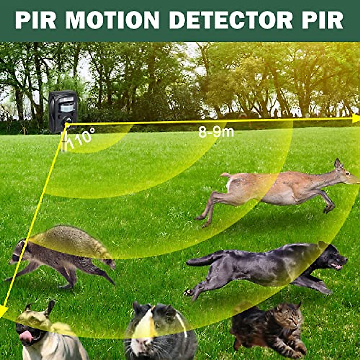 2 Pcs Ultrasonic Animal Repellers Black Solar Deterrent Devices Waterproof Ultrasonic Deer Repellents with Motion Sensor Flashing Light for Garden Farm House Drive Cat Dog Bird Coyote Skunk