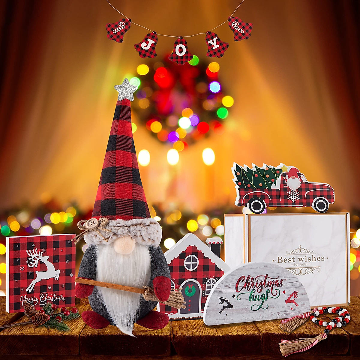 Christmas Tiered Tray Decorations Set - 13 Pcs Farmhouse Decor with Gnomes Plush, Wooden Signs, Bead Garland for Home Table