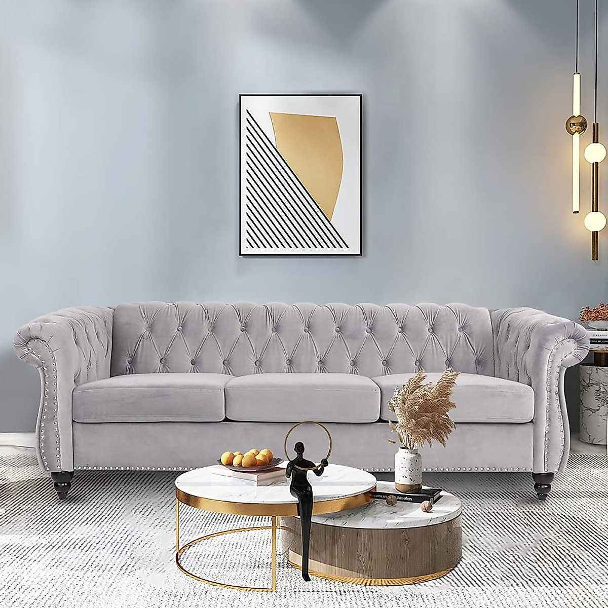 LEVNARY Three-Seat Velvet Sofa, Large Sofa Classic Tufted Chesterfield Settee Sofa Modern 3 Seater Couch Furniture with Tufted Back for Living Room, Dark Grey