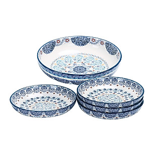 Bico Blue Talavera Ceramic Pasta Bowl, Set of 5(1 unit 214oz, 4 units 35oz), for Pasta, Salad, Microwave & Dishwasher Safe, House Warming Gift