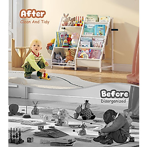Kids Bookshelf and Toy Storage Organizer, 2 in 1 Montessori Toddler Book Shelf for Kids Rooms, Nursery Bookcase, Easy Assembly, Includes Extra Side Pockets 11.8" D x 33.4" W x 29.5" H (White)