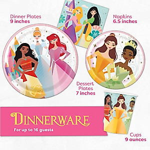 Disney Princess Birthday Decorations Set | Disney Princess Party Decorations | Disney Princess Party Supplies | With Tablecloth, Large Plates, Cake Plates, Napkins, Cups, Banner | Serves 16 Guests