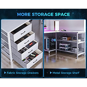 ODK U Shaped Desk with Power Outlets & LED Strip & Monitor Stand, 66" Reversible L Shaped Desk with Drawers and Storage Shelf, Home Office Gaming Desk, All White