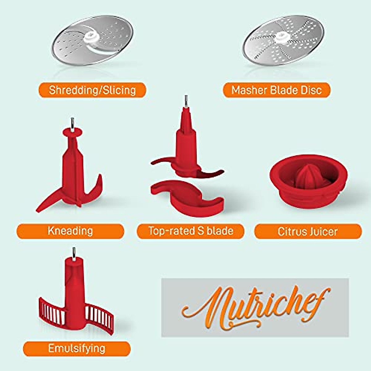NutriChef NCFPRED Multifunction Food Processor-Ultra Quiet Powerful Motor, Includes 6 Attachment Blades, Up to 2L Capacity (Red), One Size