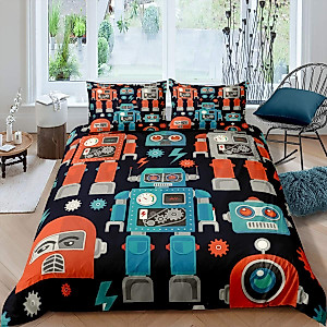 Feelyou Boys Robot Printed Duvet Cover Cartoon Mechanic Pattern Bedding Set for Kids Children Colorful Mechanical Toys Decor Comforter Cover Cool Steampunk Style Bedspread Cover 2Pcs Zipper Twin Size