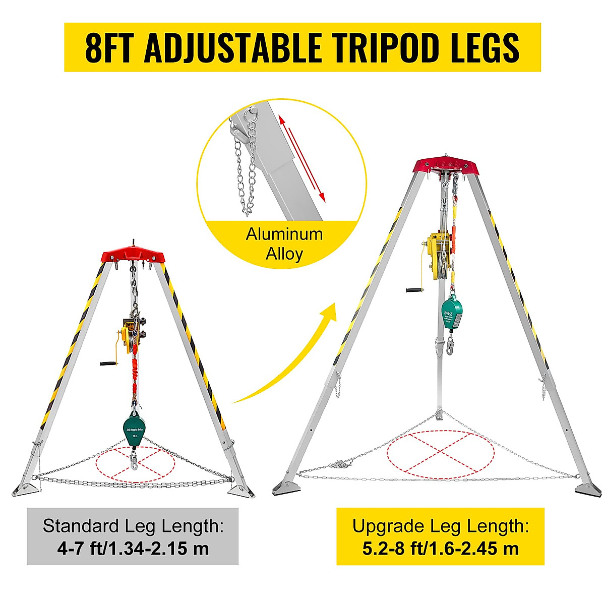 BestEquip Confined Space Tripod 8' Legs, 1800lbs Winch Confined Space Kit, 98' Cable Confined Space Rescue Tripod, with 32.8' Fall Protection, for Traditional Confined Spaces