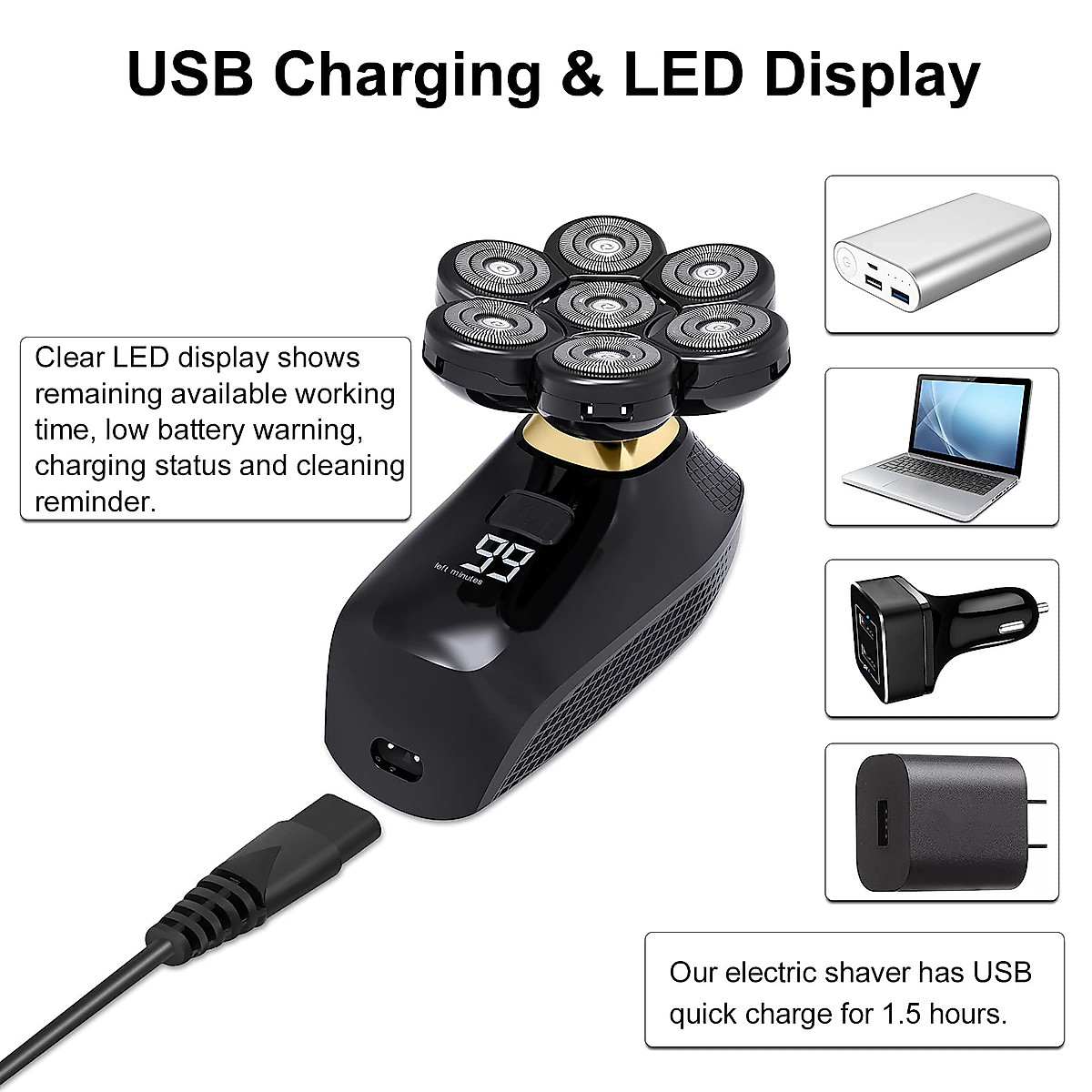 Electric Razor for Men, Electric Razors Waterproof Head Shavers for Bald Men Cordless Rechargeable Electric Shavers for Men with Hair Clipper Beard Nose Ear Hair Trimmer Facial Cleansing