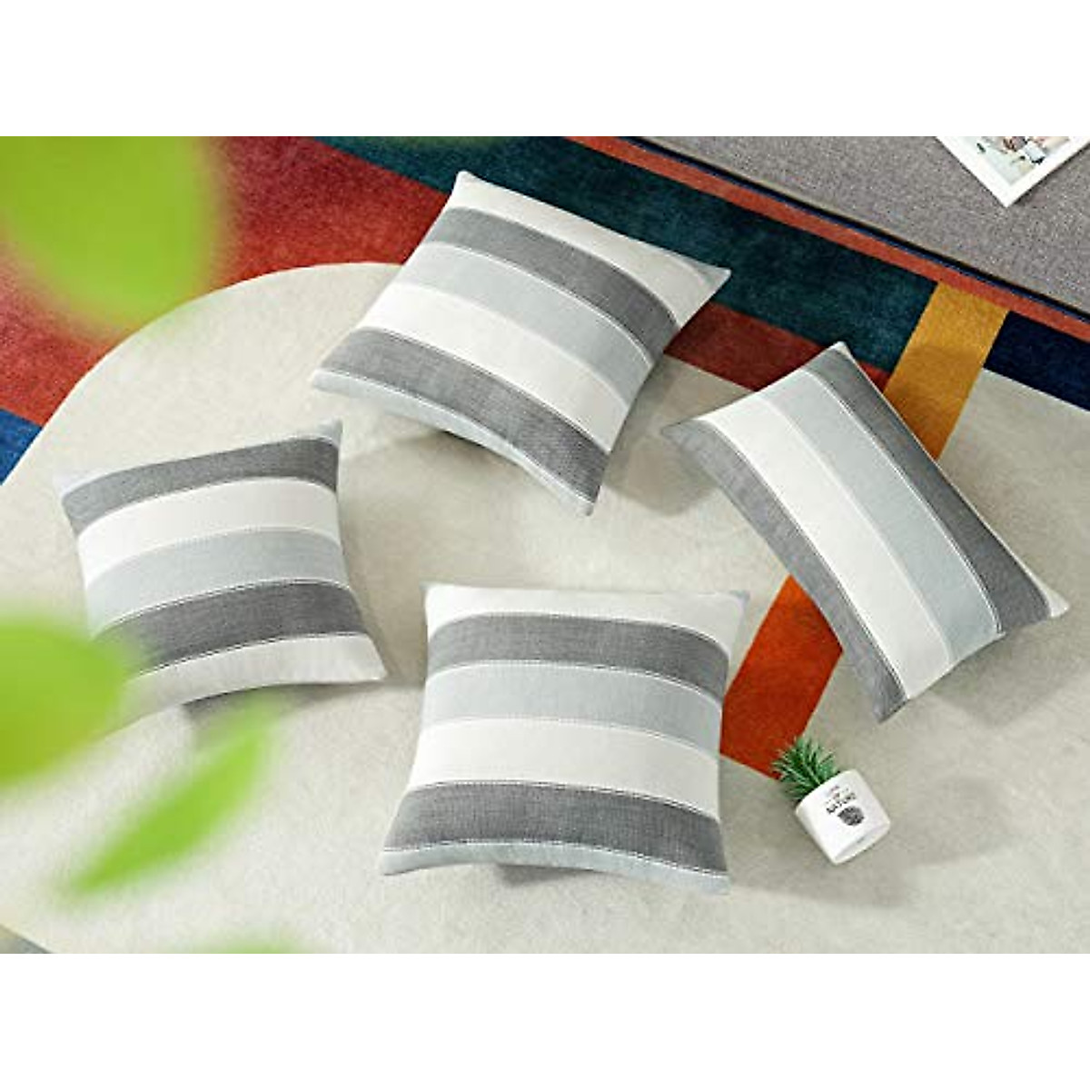 AmHoo Pack of 2 Farmhouse Stripe Check Throw Pillow Covers Set Case Cotton Linen Decorative Pillowcases Cushion Cover for Couch Bench Sofa 20x20Inch Dark Grey Beige