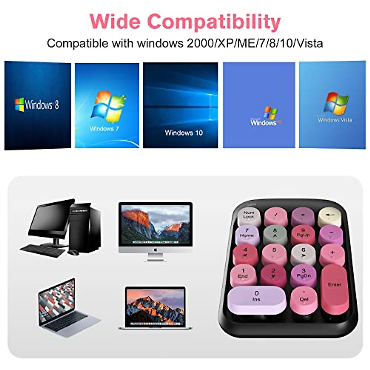 PINKCAT Wireless Number Pad, Cute 18 Keys Numeric Keypad with 2.4G Mini USB Receiver, Portable Silent Number Numpad Financial Accounting for Laptop, PC, Notebook, Desktop, Surface - Black Mix