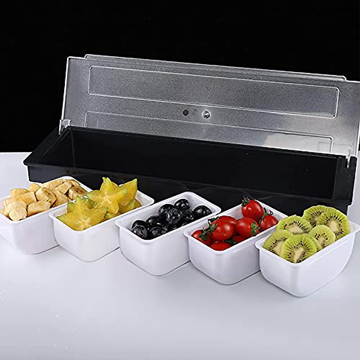 5 Compartment Plastic Dispenser Fruit Veggie Condiment Caddy with Lid，Ice Cooled Condiment Serving Container Chilled Garnish Tray Bar Caddy for Home Work or Restaurant (Black)