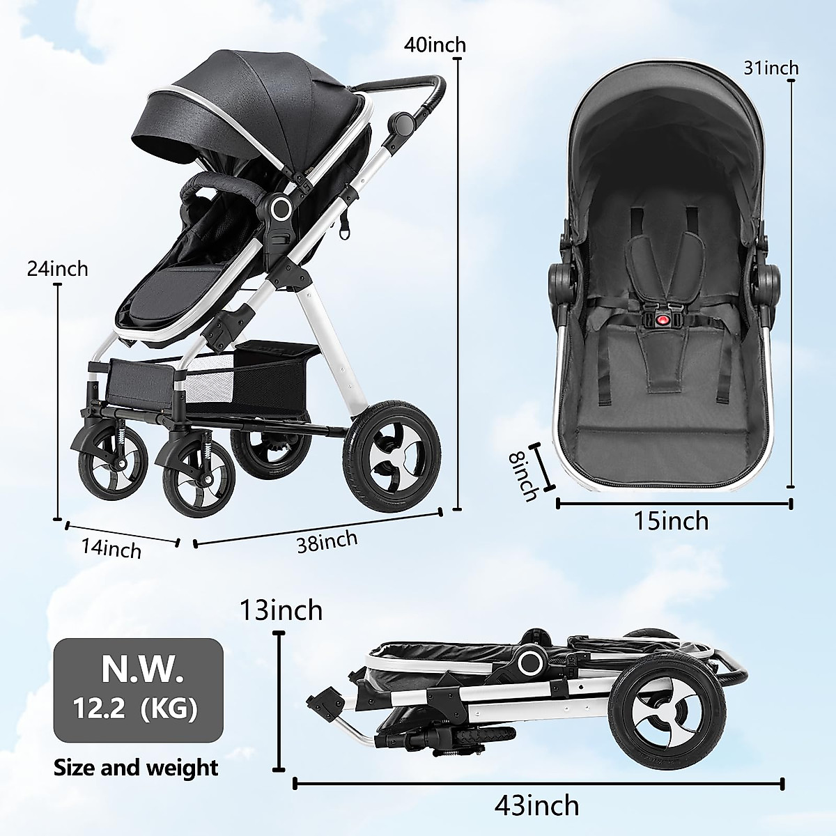 Blahoo Baby Stroller for Newborn, 2 in1 High Landscape Stroller, Foldable Aluminum Alloy Pushchair with Adjustable Backrest.Adjustable Awning, Variable Seat and Recliner(Black)