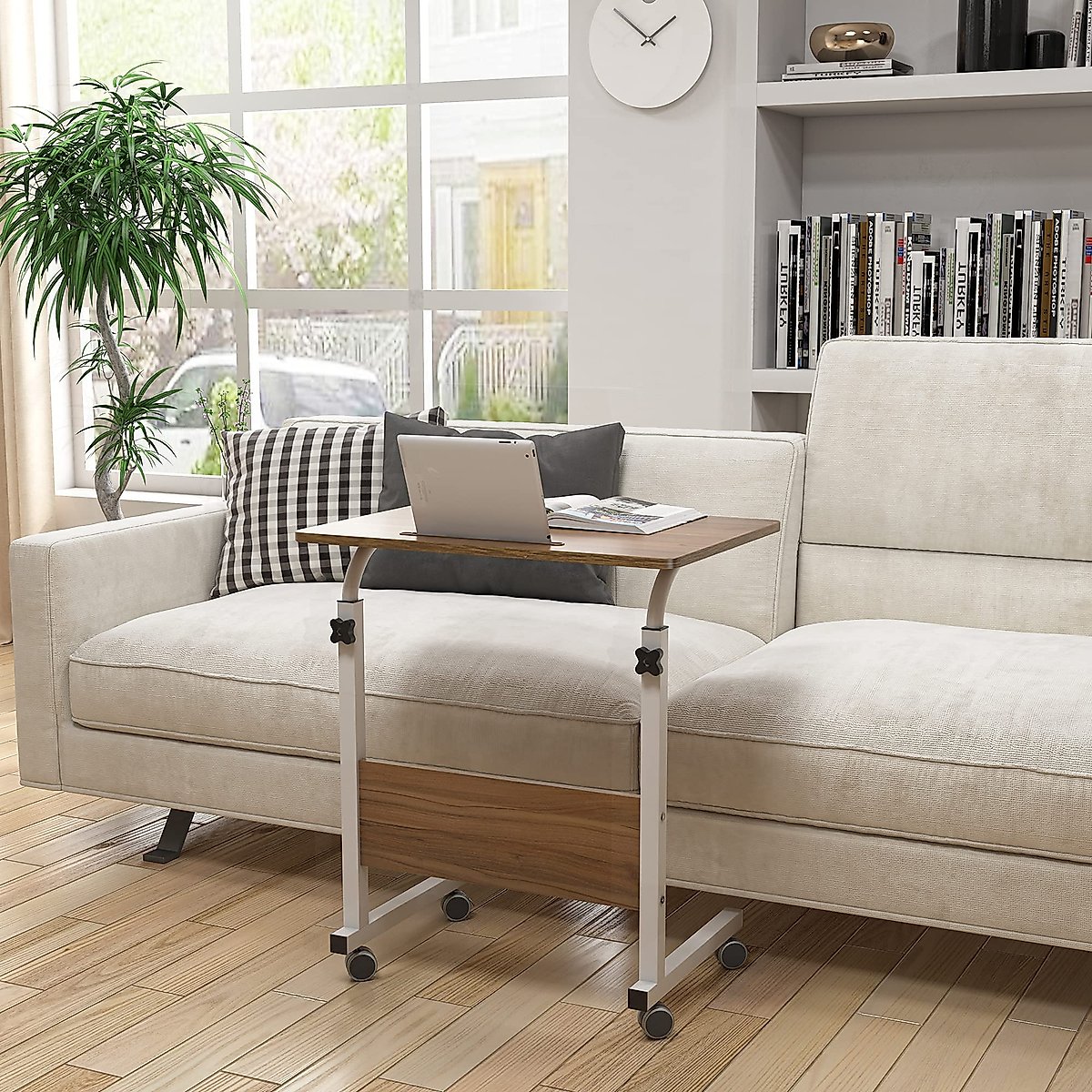 SogesGame Mobile Sofa Side Table, Industrial C Table with Wheels, Portable Desk Cart Tray End Table Height Adjustable, Snack Table for Couch Sofa, Oak，05#3-60OK-S8-US