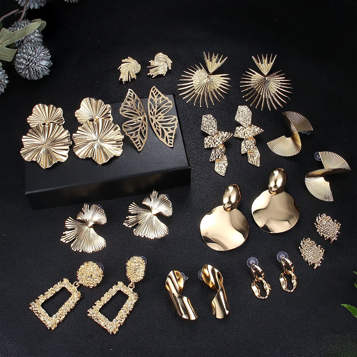 BESTEEL Gold Statement Earrings for Women Boho Large Gold Plated Drop Dangle Geometric Exaggerated Earrings Set Hypoallergenic Punk Stylish Sectored Twisted Flower Ginkgo Leaf Earrings Jewelry Multipack Gift 12 Pairs