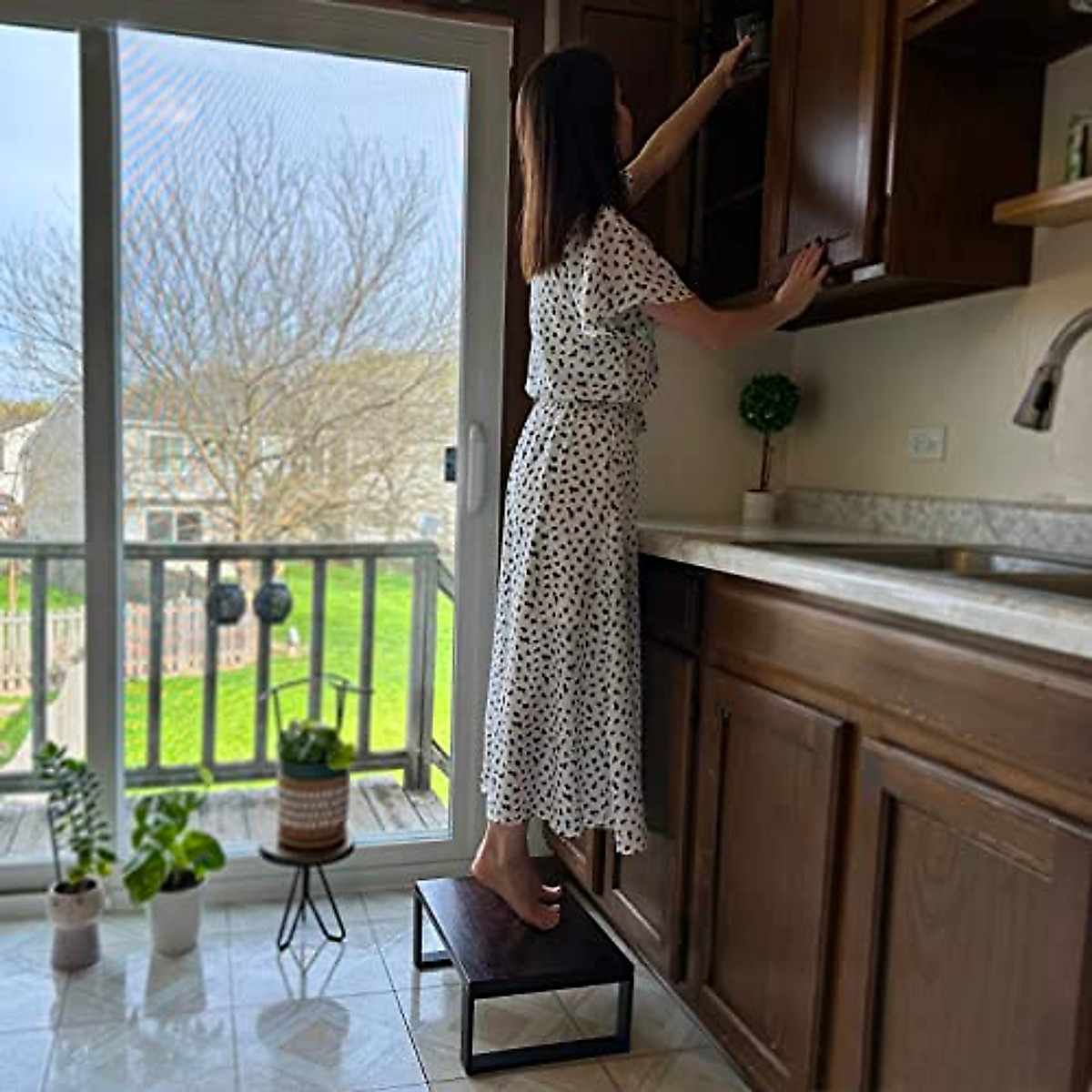 RORKEE Wood Step Stool with 350 Pounds Load Capacity Wooden Bedside Step Stool Adults for Kitchen,Bathroom,Bedroom(Dark Walnut)