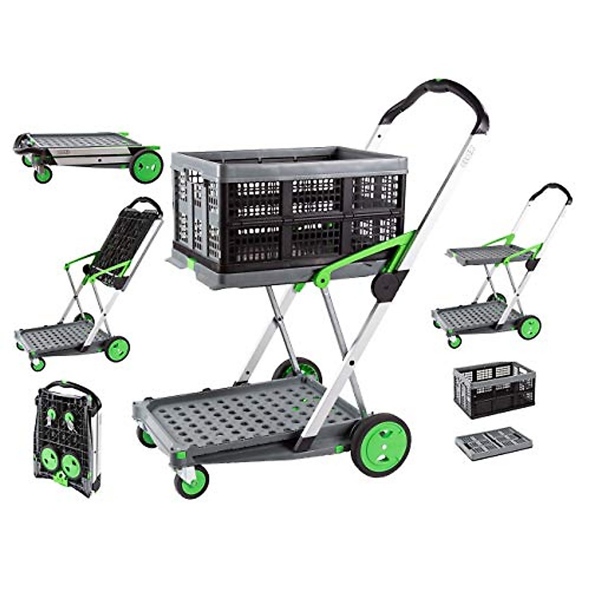 CLAX® The Original | Made in Germany | Multi Use Functional Collapsible Carts | Mobile Folding Trolley | Storage Cart Wagon | Shopping Cart with 2 Storage Crates (Green)