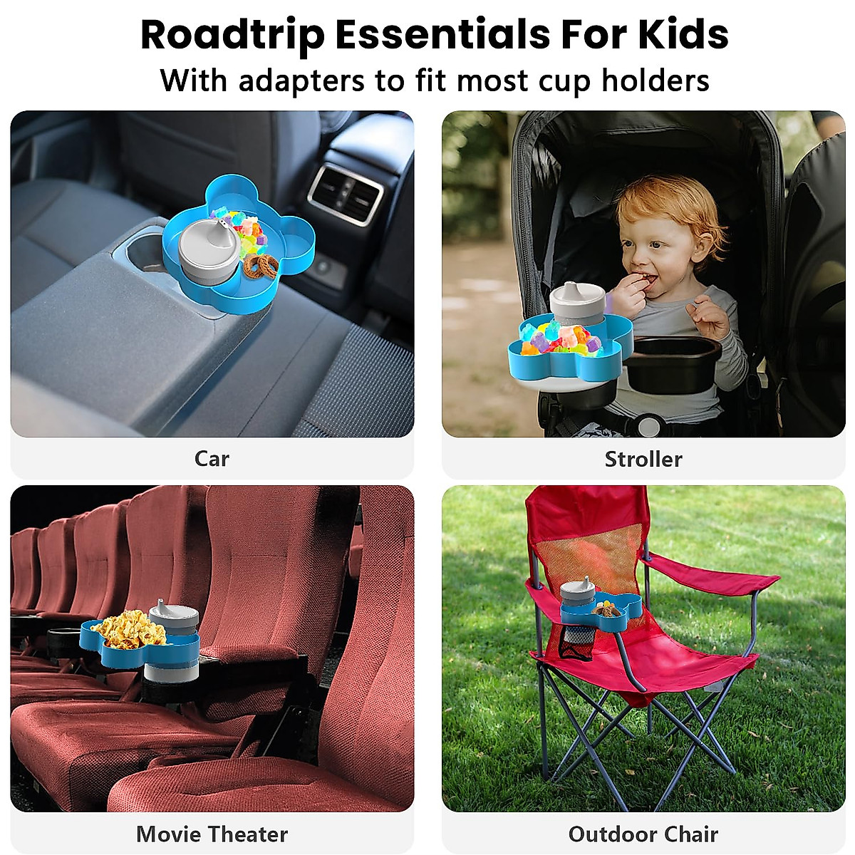 BlueOrigin Car Seat Snack Tray - Travel Tray for Kids Car Seat, Stroller, Booster and Anywhere with a Cup Holder, Toddler Road Trip Essentials Food Plate for Snacks, Toys, Entertainment (Blue)
