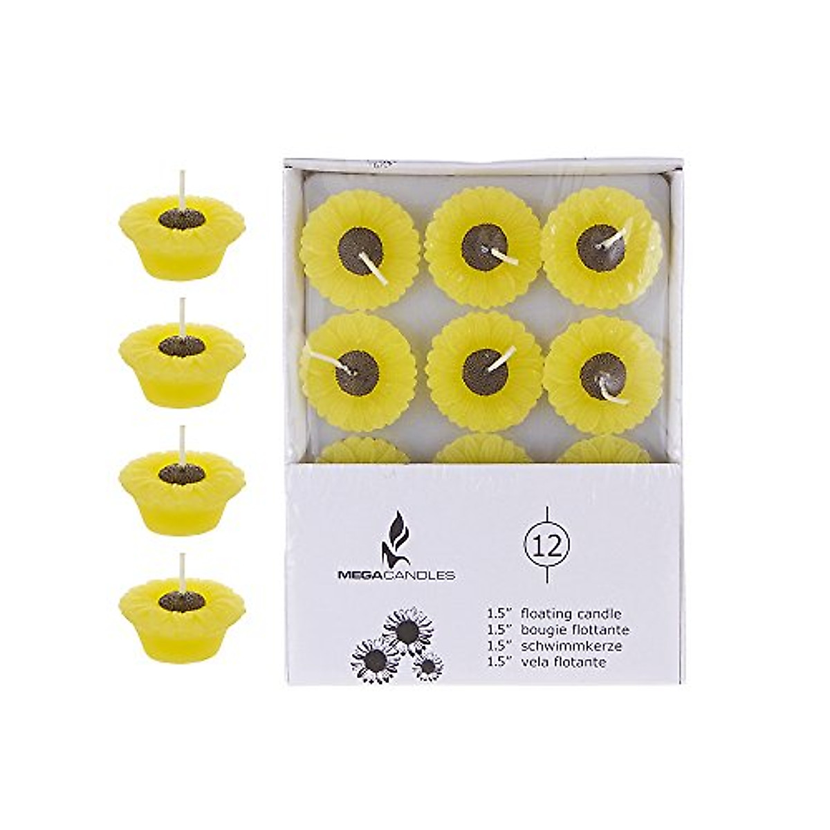 Mega Candles - Unscented 1.5" Floating Sun Flower Candles - Yellow, Set of 12