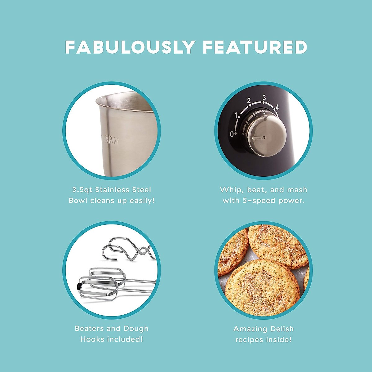 DASH Delish by DASH Compact Stand Mixer, 3.5 Quart with Beaters & Dough Hooks Included - Black