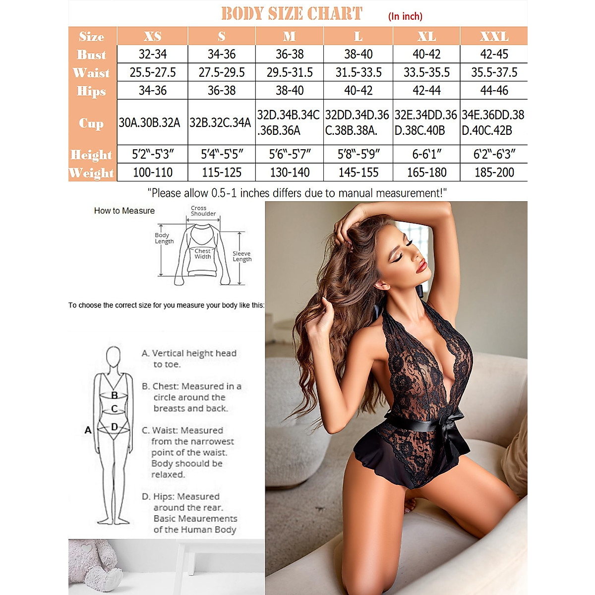 Avidlove Womens Halter Plunging Teddy Lace Lingerie Bodysuit One Piece Babydoll Black Small